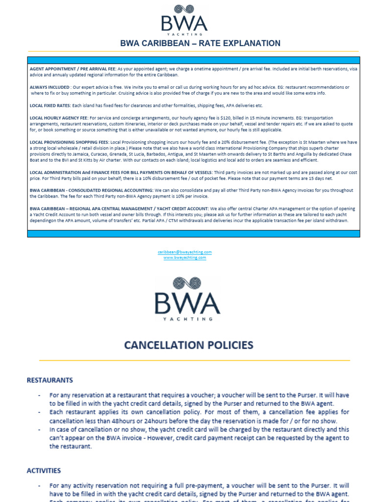 BWA Caribbean Yacht Agency Rates Guide | PDF | Credit Card | Fee