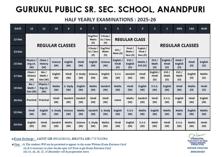 Half Yearly Time Table 2025 | PDF