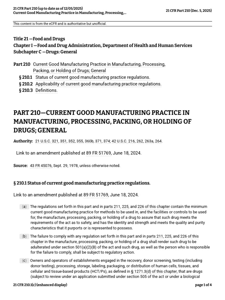 21 CFR Part 210 (up to date as of 12-05-2025)-1 | PDF | Sampling ...