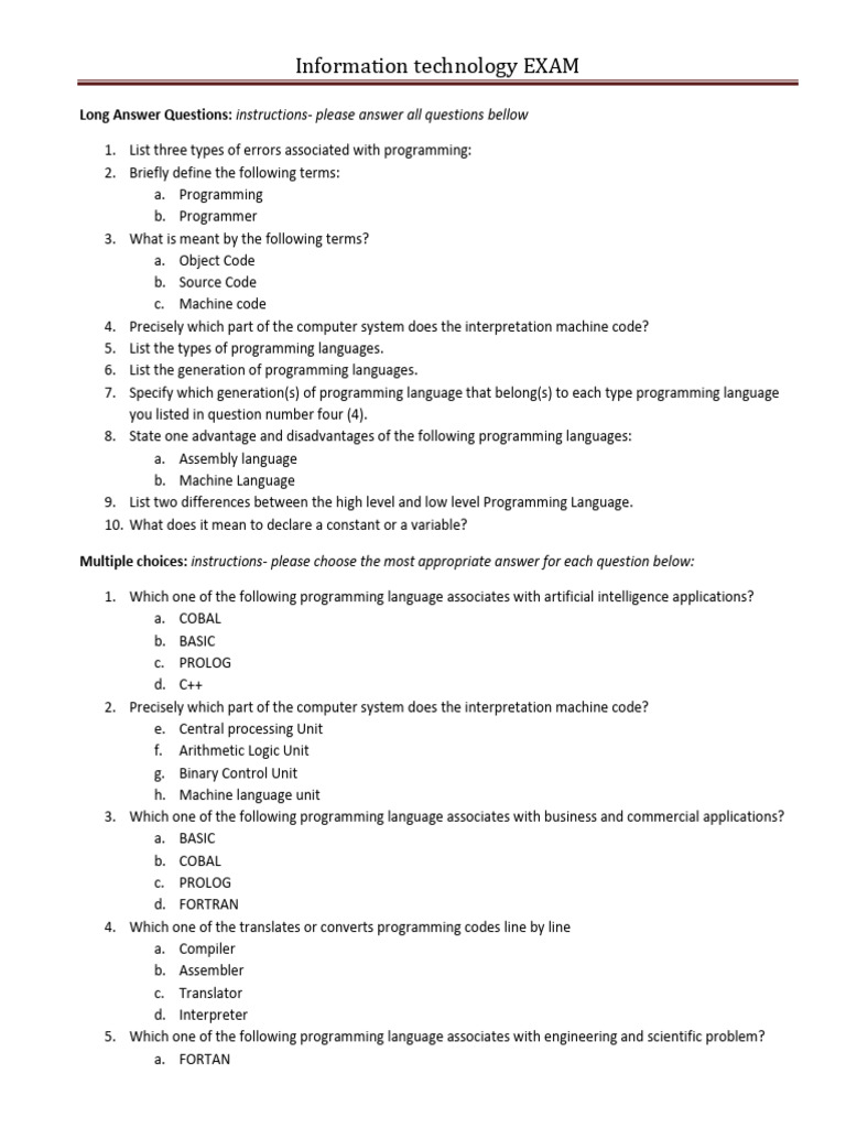 179028774 Information Technology Exam | PDF | Programming Language ...