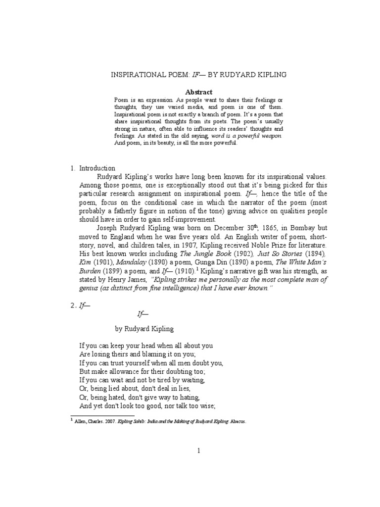 Kipling's Inspirational Poem "If" Analysis | PDF | Rudyard Kipling | Poetry