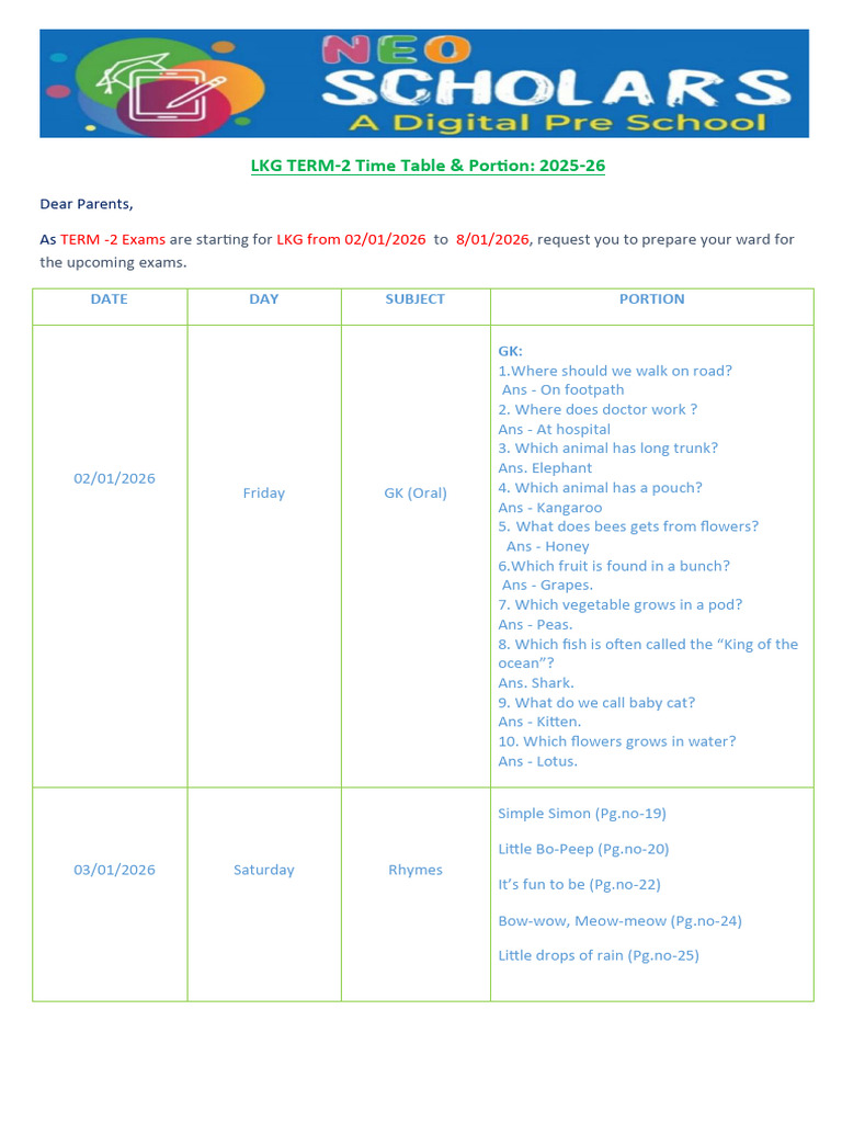 LKG Term 2 Time Table & Portion (2025-2026) | PDF