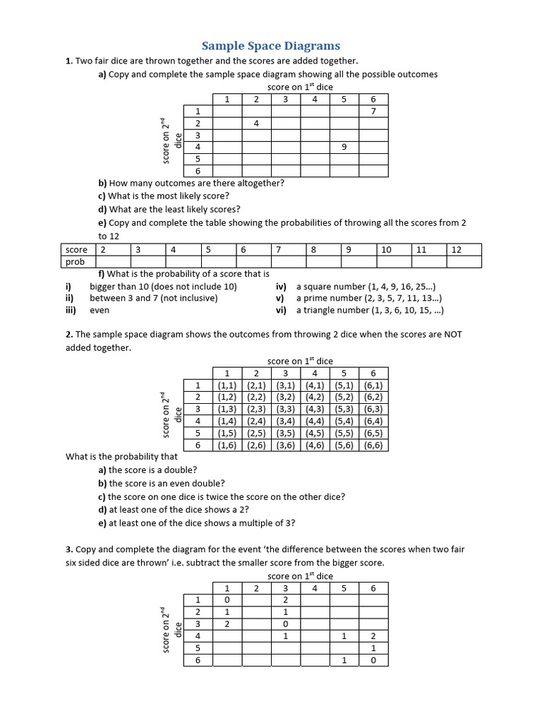 Sample Space Diagrams 1 | PDF | Probability | Dice