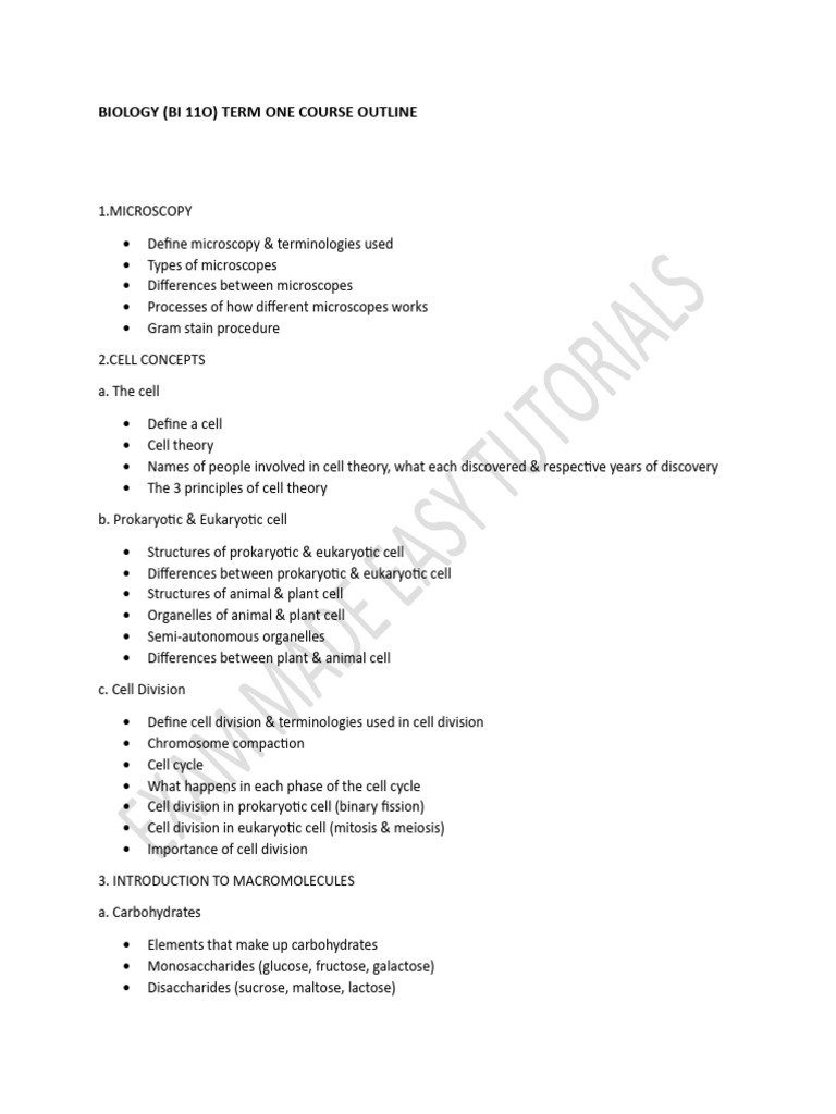 Biology Term One Coverage | PDF | Cell (Biology) | Carbohydrates