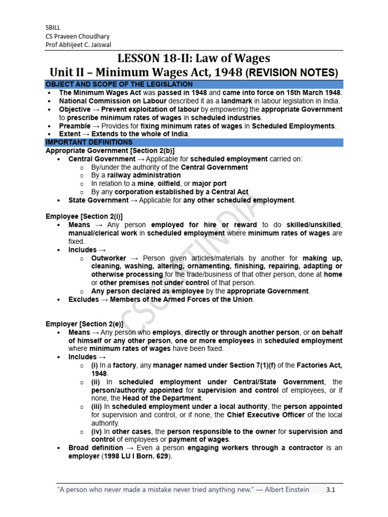 SBILL CHP 18 - 2 Minimum Wages - Revision Notes | PDF | Cost Of Living ...