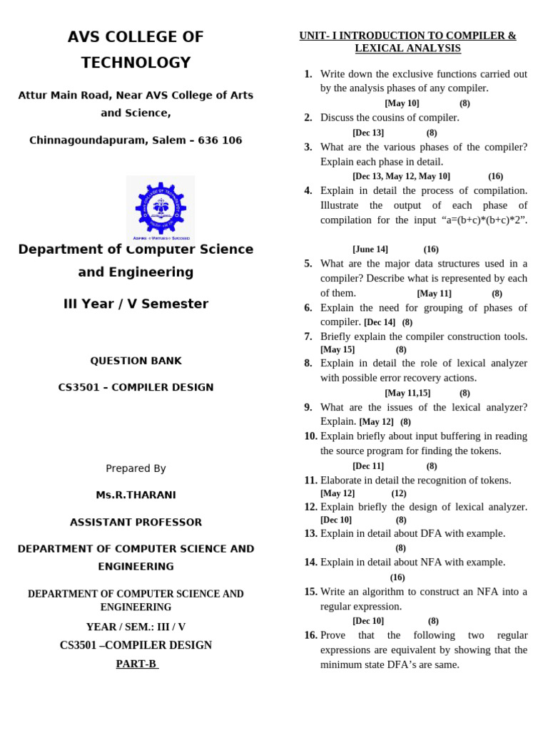 CS3501 Compiler Design Part B - QB (1) | PDF | Parsing | Grammar