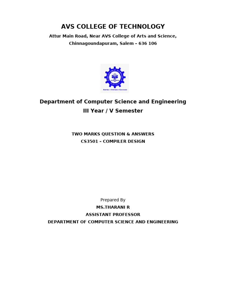 CS3501 Compiler Design Two Marks Questions 1 | PDF | Parsing | Compiler