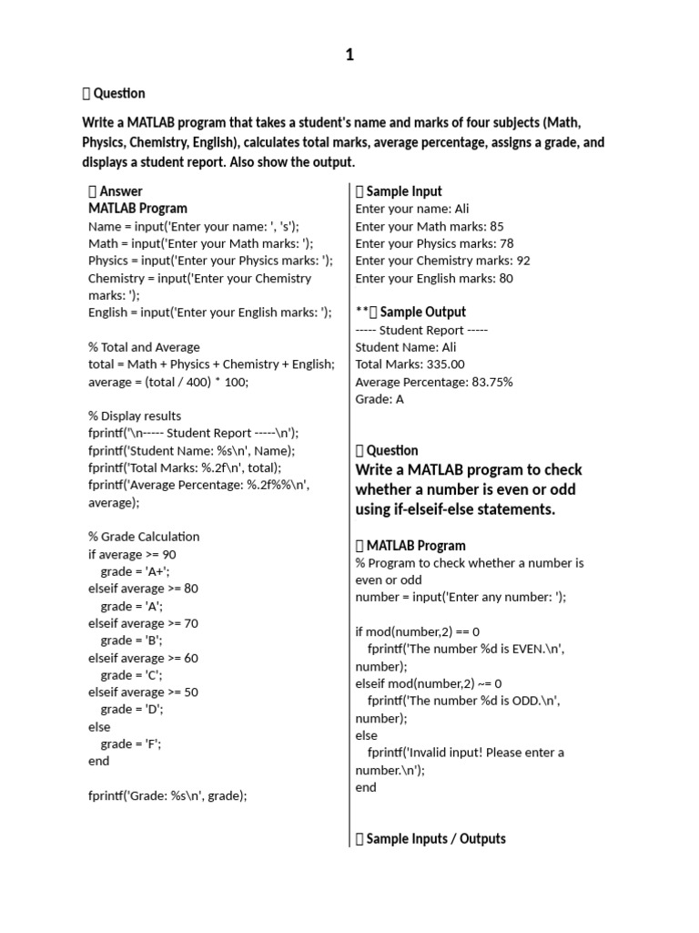 Matlab Questions | PDF | Mathematics | Arithmetic
