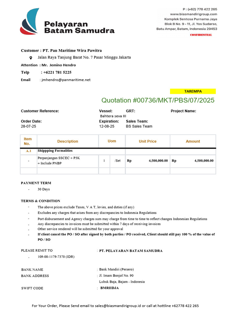 Quotation 00736 Pt. Pan Maritim Pbs | PDF | Taxation | Government Finances