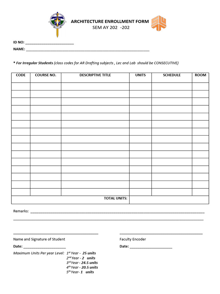 Architecture Enrollment Form 1st Sem Ay 25 26 | PDF