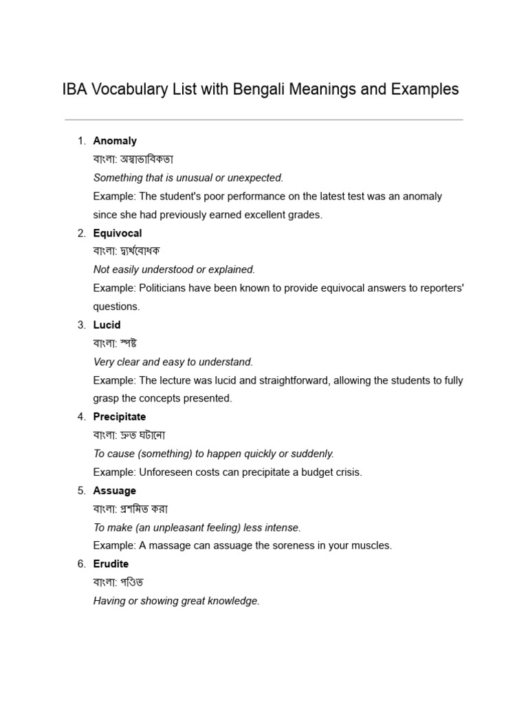 IBA Vocabulary List With Bengali Meanings and Examples | PDF