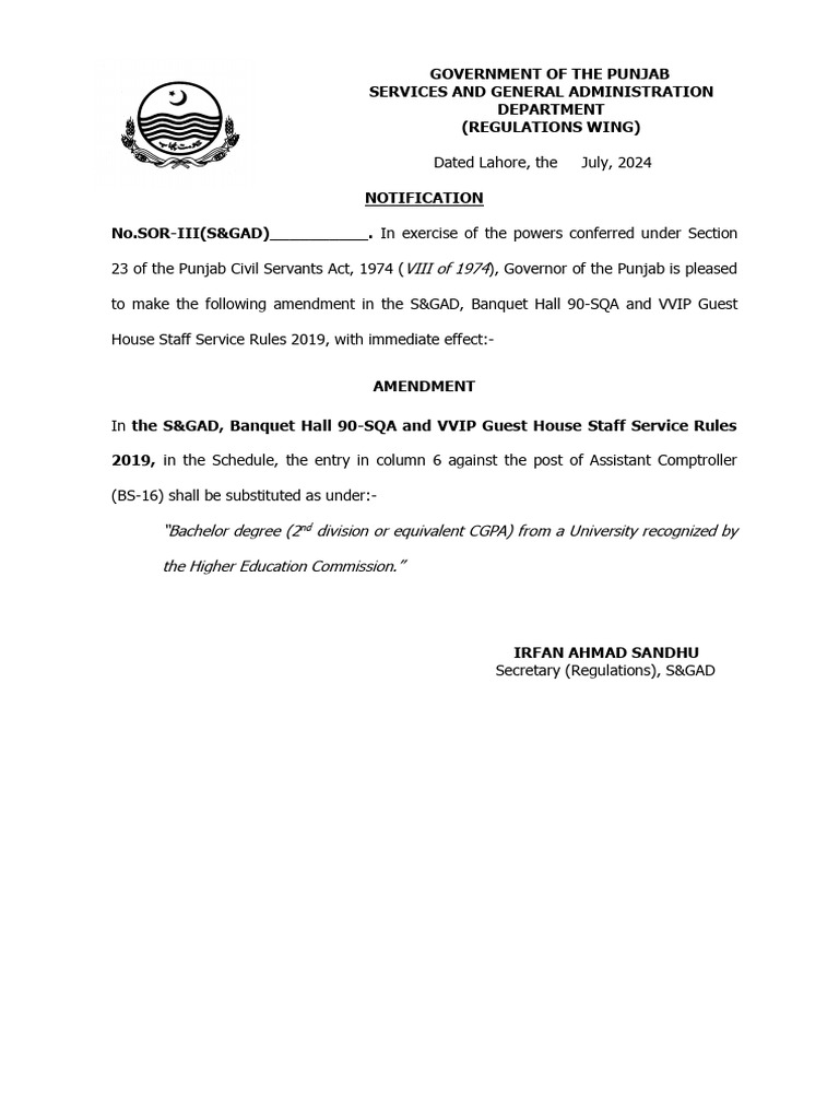 Draft Notification SnGAD CM Sectt 90-SQA VVIP Rules 2003-2019-Asstt ...