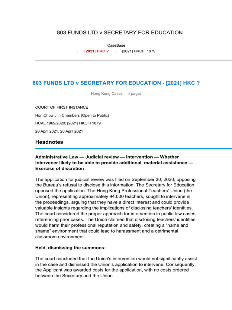 Law Report - 803 FUNDS LTD V SECRETARY FOR EDUCATION | PDF | Justice ...