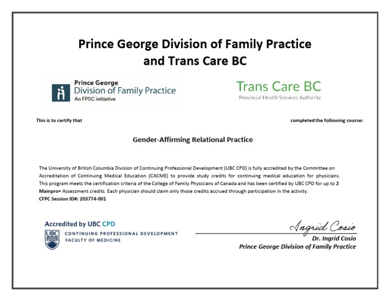 Trans Care BC GARP Course Completion Certificate Gender-Affirming ...