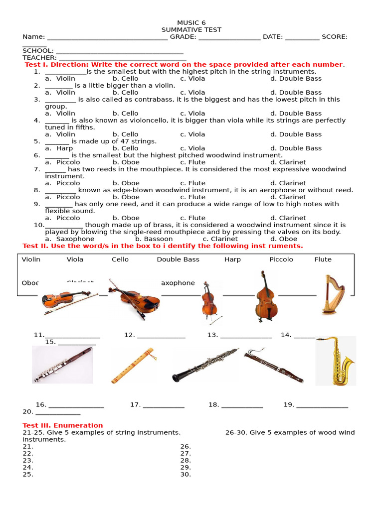 Music Instruments Summative Test | PDF | Woodwind Instruments | Double Bass