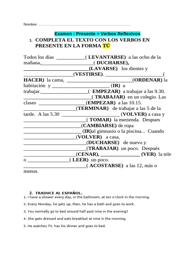 Ejercicio de Verbos Reflexivos en Presente | PDF