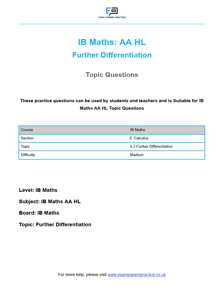 IB Maths AA HL Further Differentiation Questions | PDF