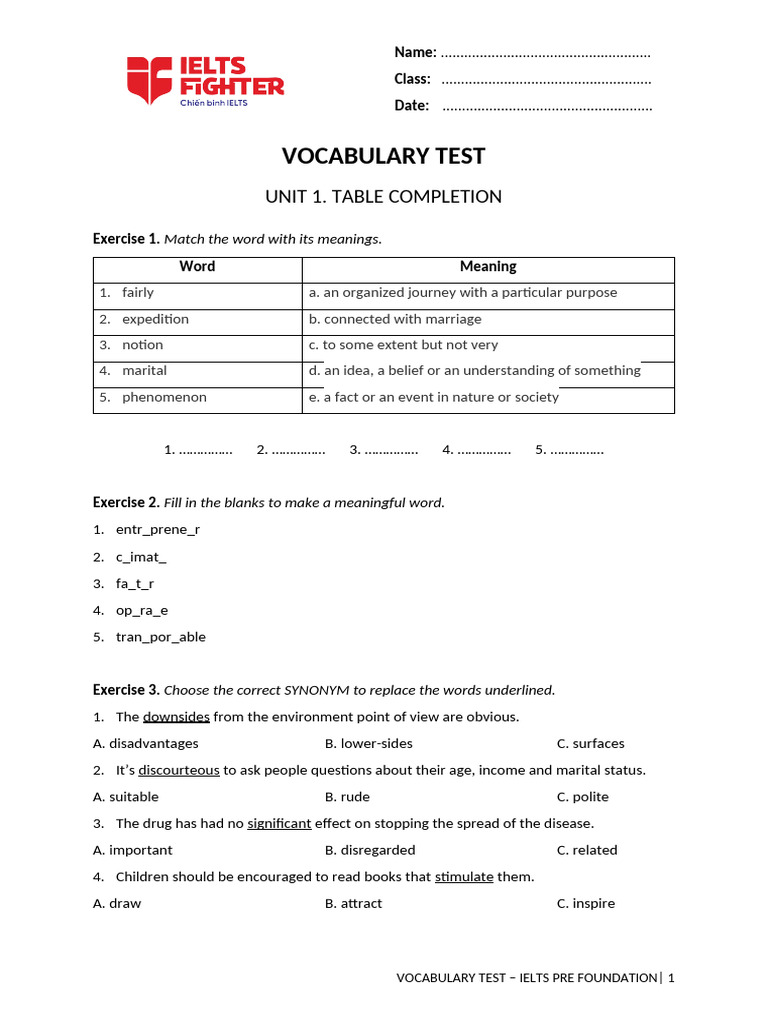 Vocabulary Test: Unit 1. Table Completion | PDF