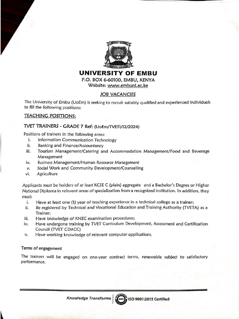 Job Advert TVET Trainers 2024 | PDF