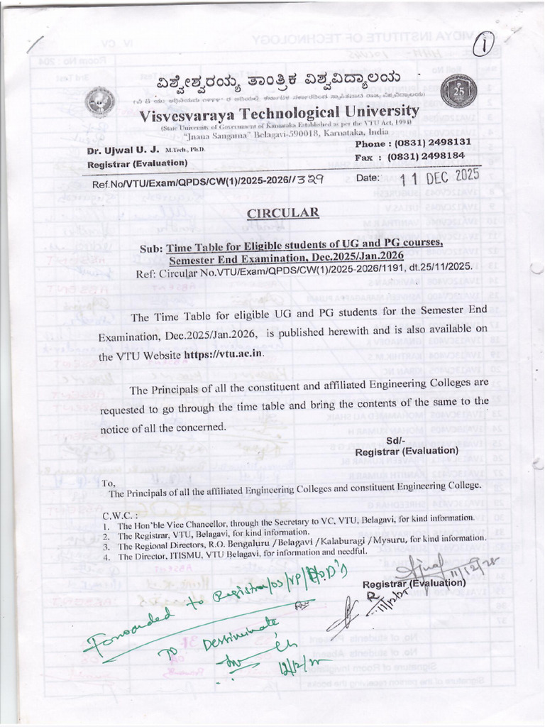 VTU Circular 329, Time Table For Eligible Students of UG and PG Courses ...