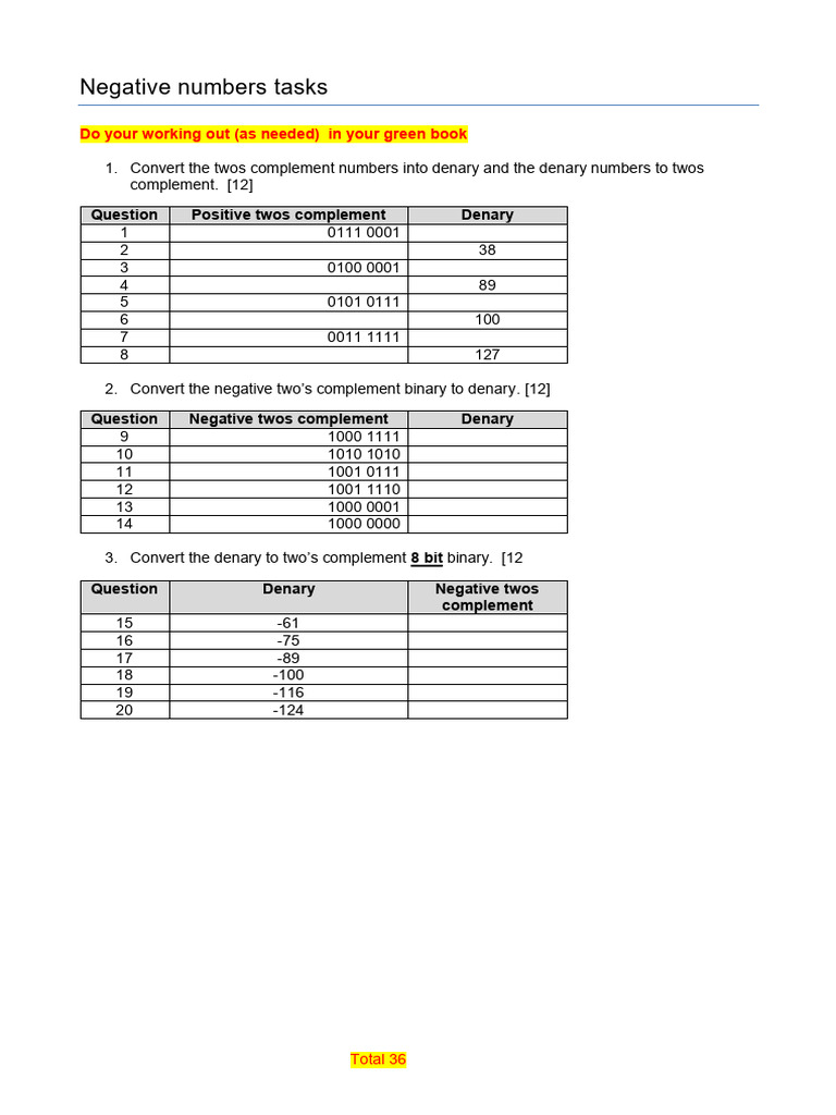 Two's Complement Conversion Tasks | PDF