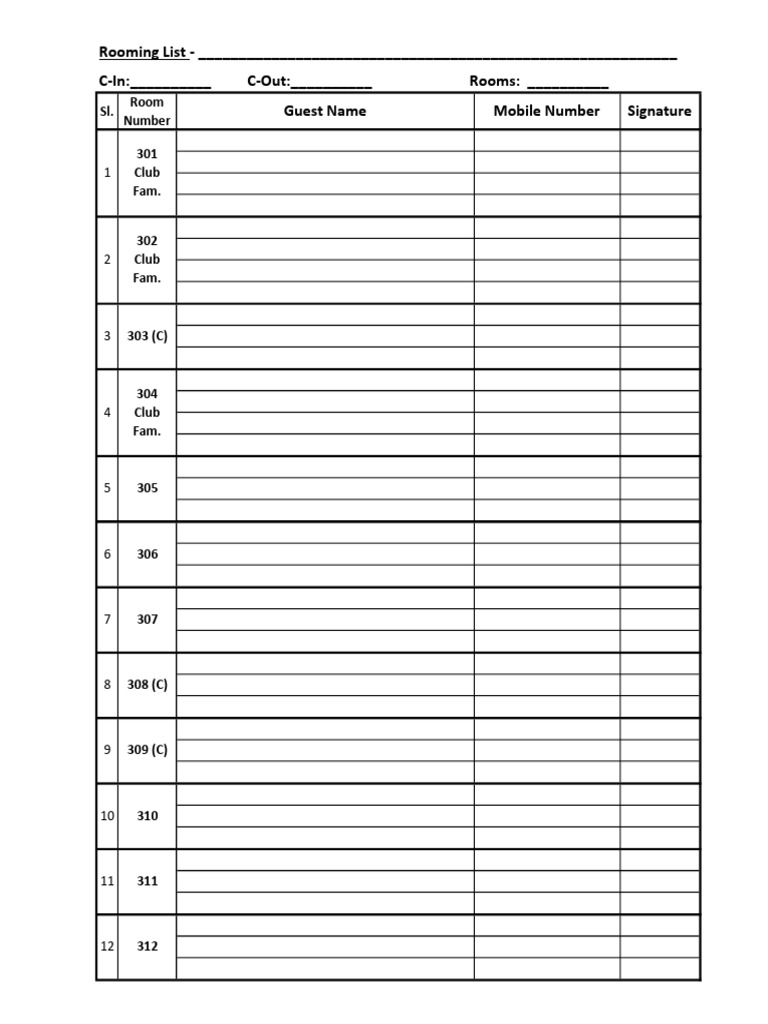 Rooming List Blank | PDF