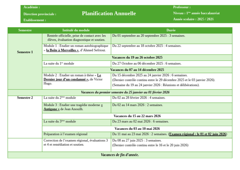 Planification annuelle 1ère année bac 2025-2026 | PDF