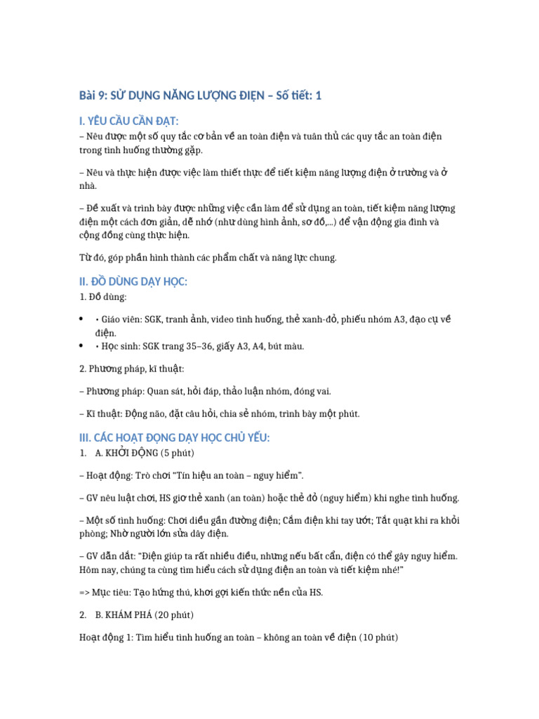 Giao An Bai9 Su Dung Nang Luong Dien | PDF