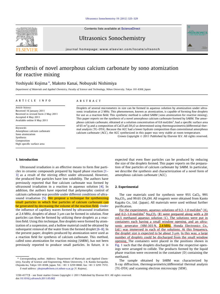 1 - Synthesis of Novel Amorphous Calcium Carbonate by Sono Atomization ...