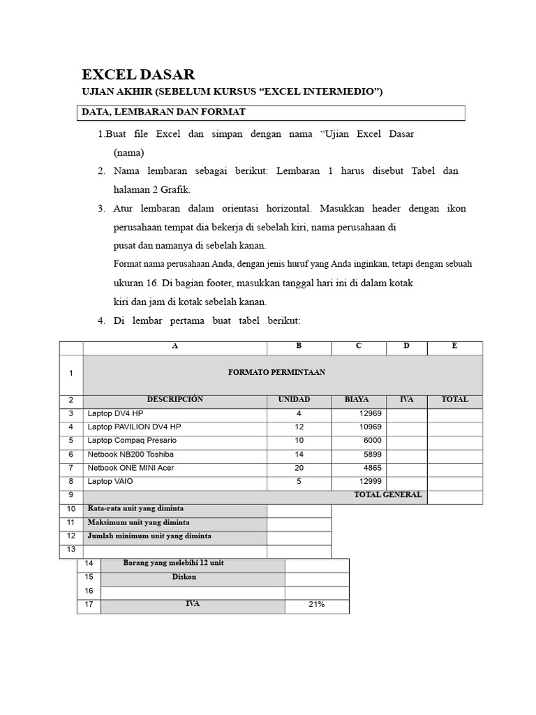 Ujian Excel Dasar: Tabel dan Grafik | PDF