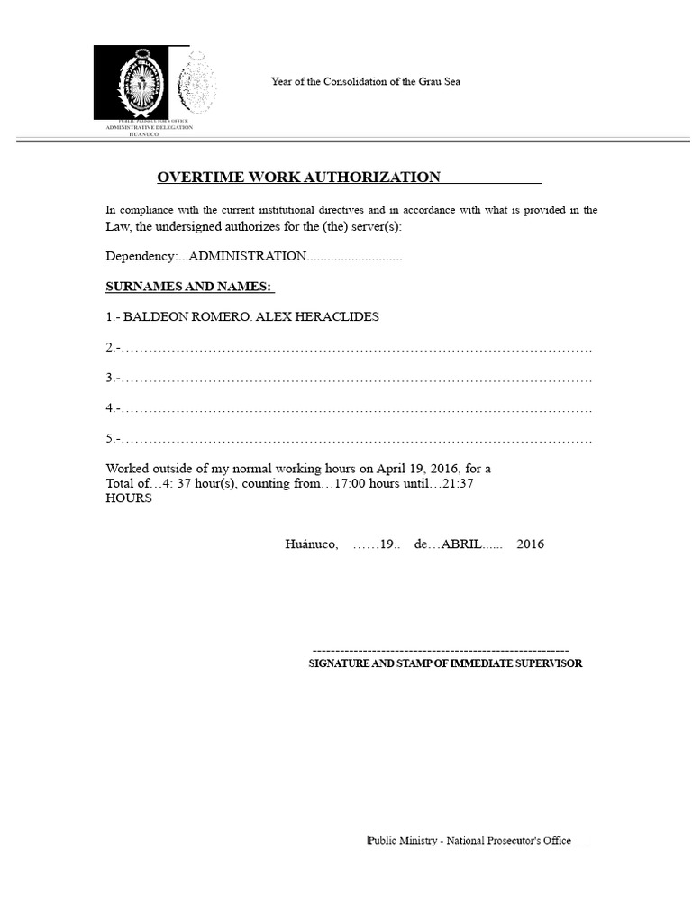 Overtime Work Authorization Form | PDF