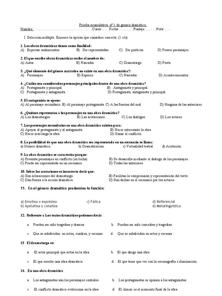 Prueba Género Dramático | PDF | Comedia | Teatro