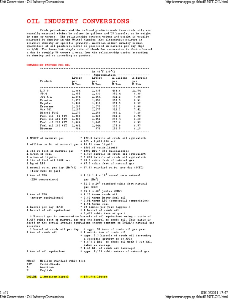 Oil Conversion Factors and Equivalents | PDF | Horsepower | Barrel (Unit)