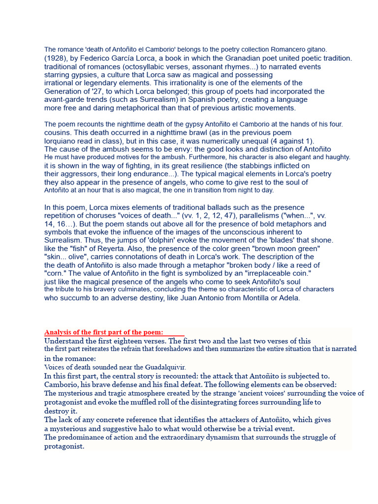 Analysis of "Death of Antoñito" Poem | PDF | Poetry | Federico García Lorca
