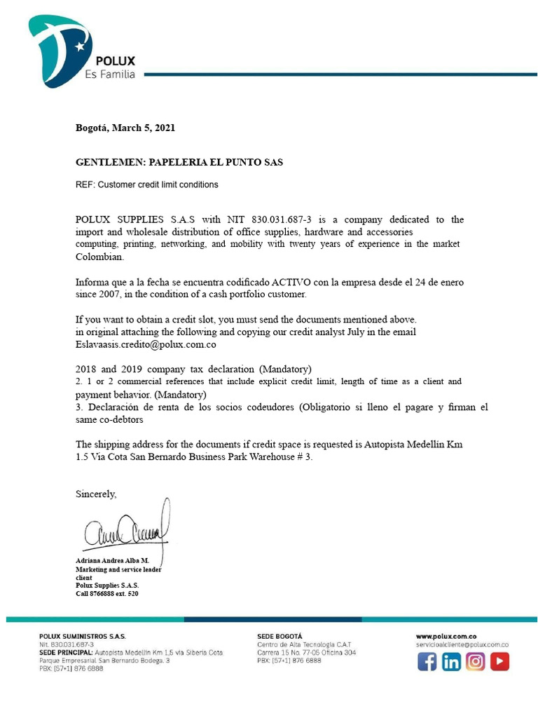 Letter of Client Status Stationery El Punto | PDF