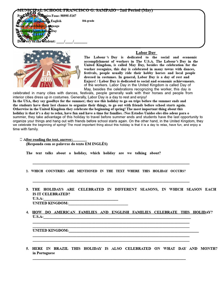 Activity May - 8th grade - English | PDF | Observances
