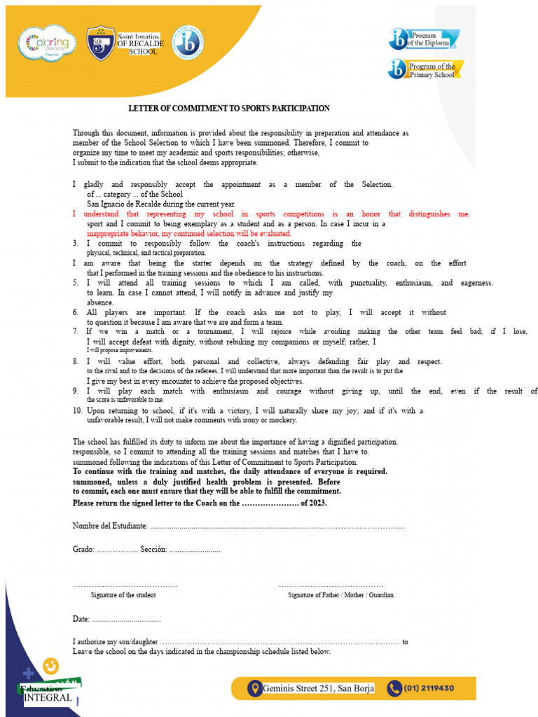 Sports Participation Commitment Letter | PDF