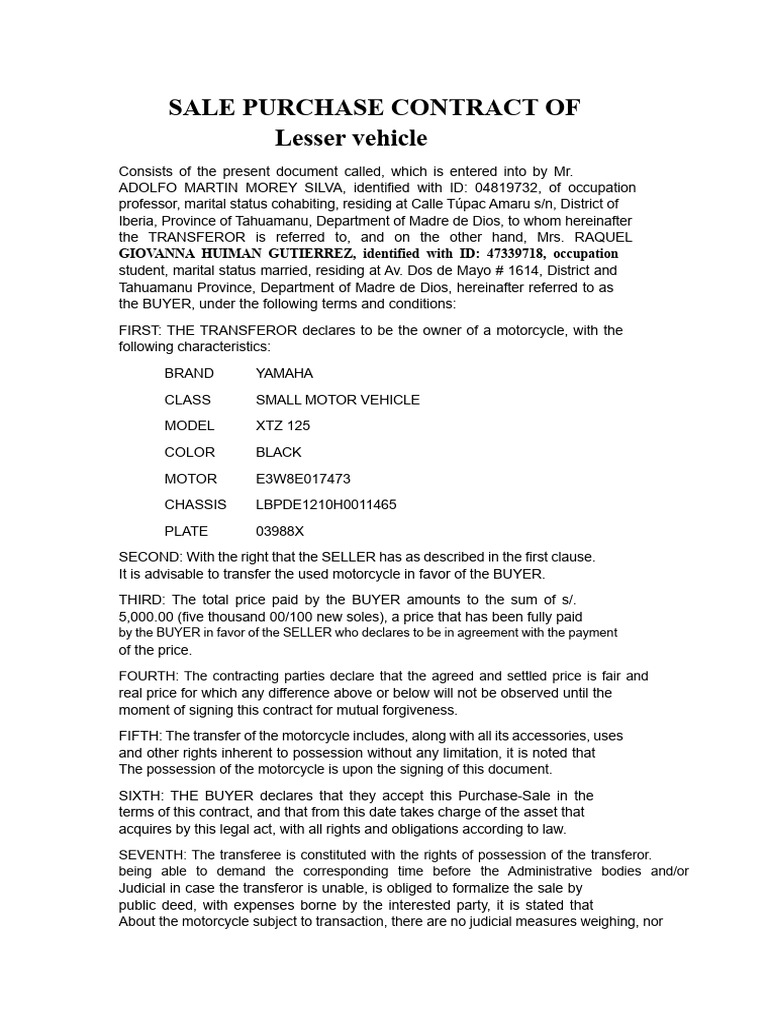 Vehicle Purchase and Sale Contract | PDF | Private Law | Common Law