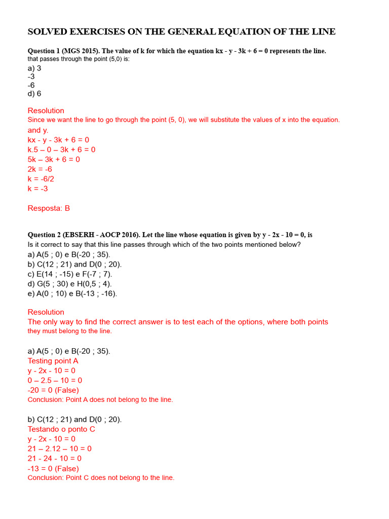 SOLUTION EXERCISES ON THE GENERAL EQUATION OF A LINE | PDF ...