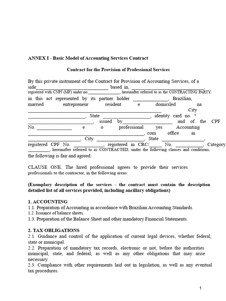 ANNEX I - Basic Model of Accounting Services Contract | PDF | Fee | Justice