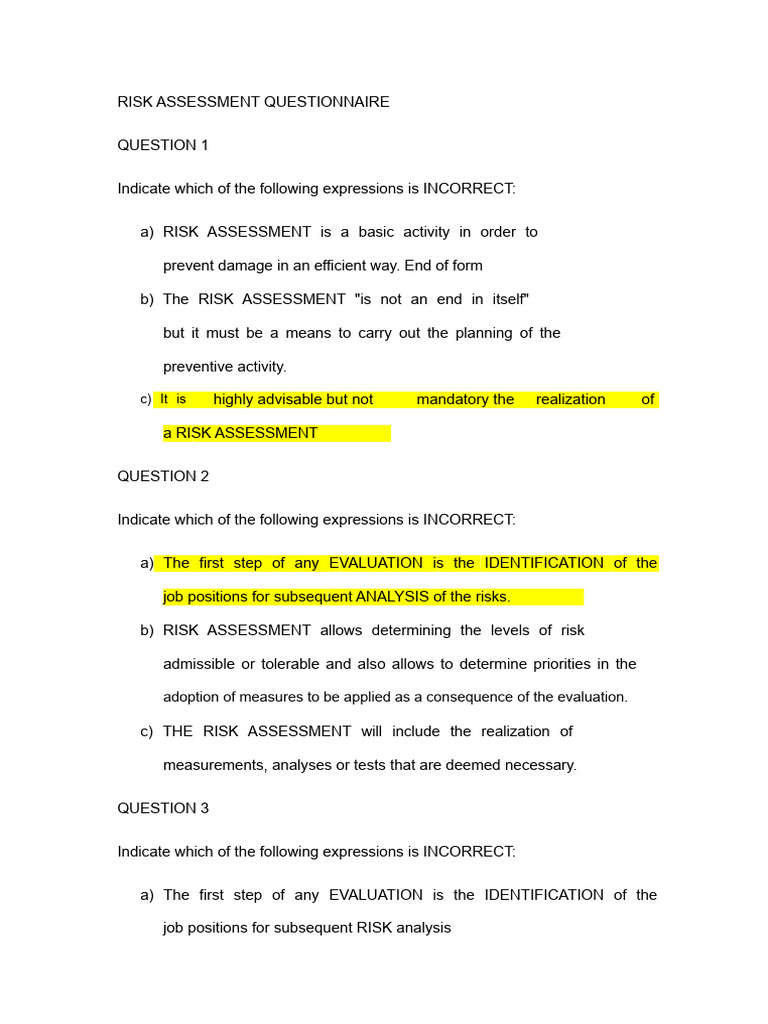 RISK ASSESSMENT QUESTIONNAIRE.docx | PDF | Risk | Risk Assessment