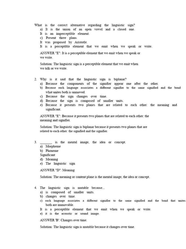 Questions and Answers About The Linguistic Sign - Primary Level | PDF