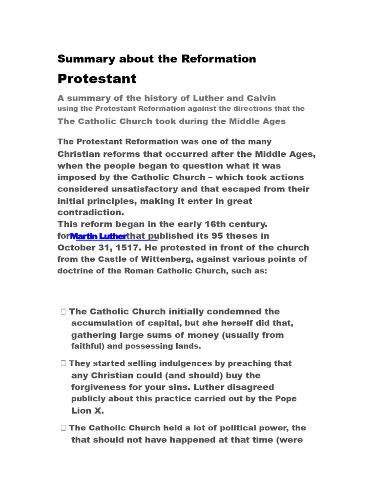 WORK SUMMARY PROTESTANT REFORMATION.docx | PDF | Protestantism ...