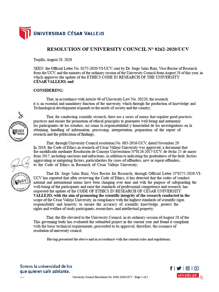 RCUN°0262-2020-UCV Approves the update of the Ethics Code in Research ...