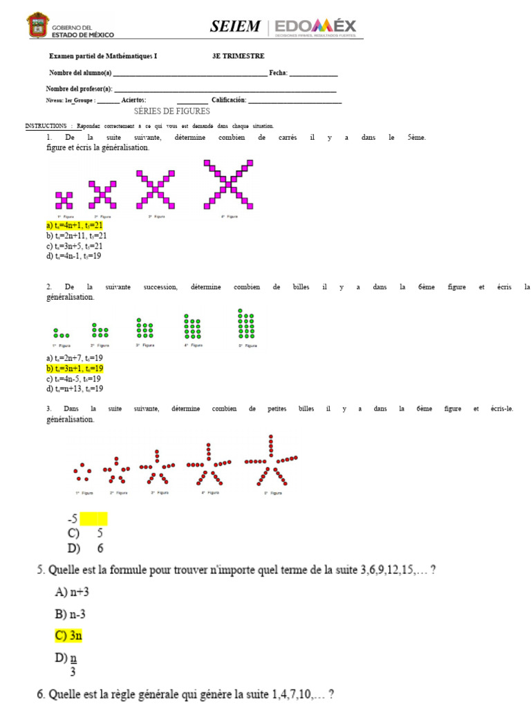 Examen Mathématiques I - 3e Trimester | PDF