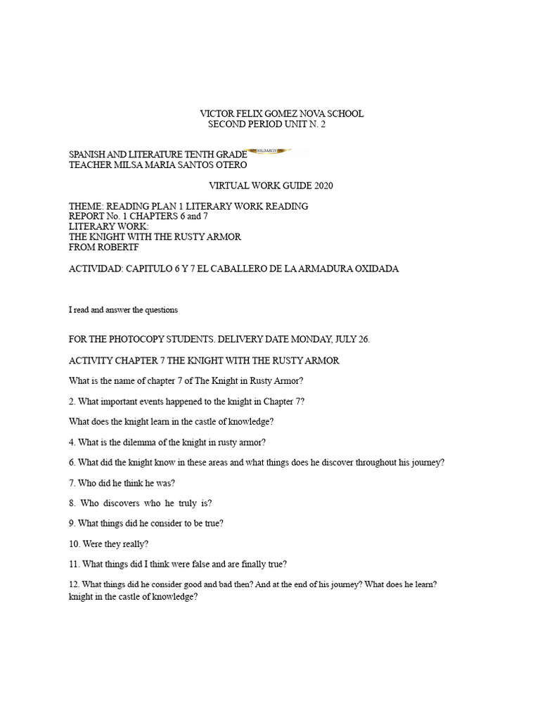 ACTIVITY CHAPTERS 6 AND 7 THE KNIGHT IN THE RUSTY ARMOR ACTIVITY ...