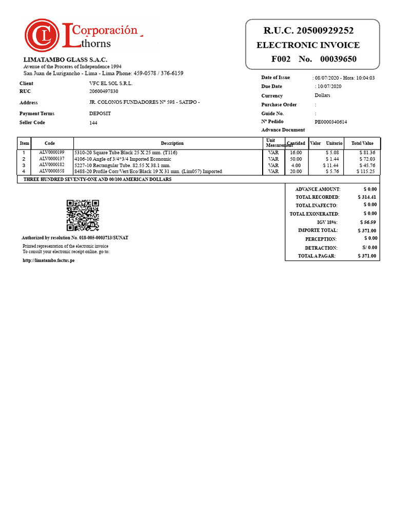 Electronic Invoice F002 No. 00039650: Limatambo Glass S.A.C | PDF ...