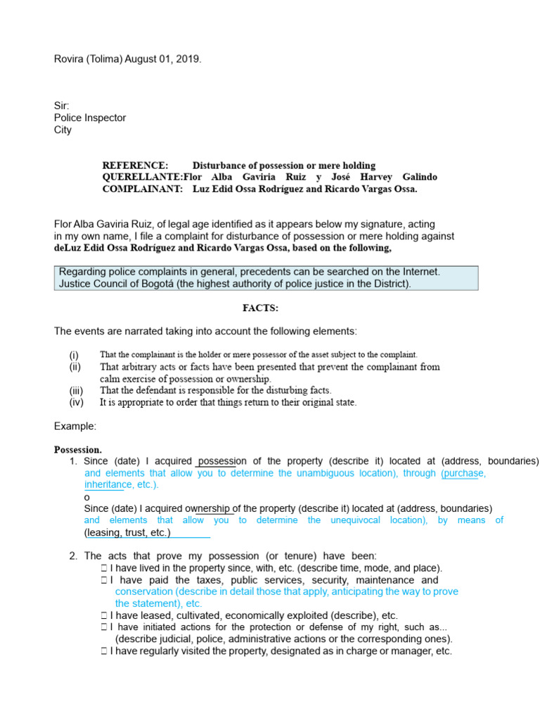 Model Complaint Disturbance of Possession 0 | PDF | Property | Common Law