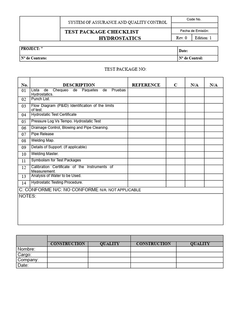 Checklist For Hydrostatic Test Packages 1 | PDF
