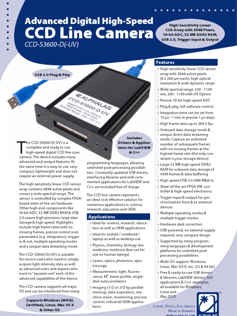 Alphalas Advanced Digital CCD Line Camera Ccd-s3600-d (-Uv) | PDF ...
